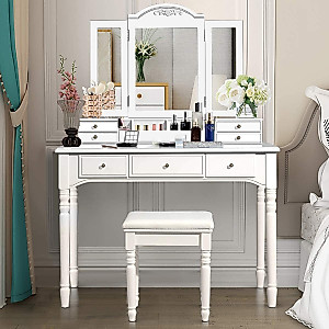 MAT EXPERT Vanity Desk Set with Mirror and 7 Drawers, Makeup Dressing Table w/Cushioned Stool, Dressing Table w/Partitioned Shelf, Modern Tri-Folding Mirror Vanities for Bedroom (White)