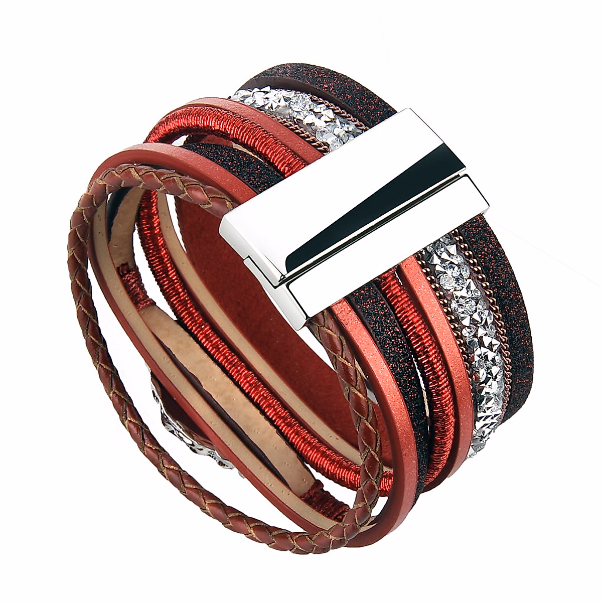 COOLLA Braided Wrap Bracelet Agate Stone Crystal Leather Cuff Bangle Women Bracelet (Red leather bracelet)