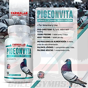 PIGEONVITA para Palomas 100Tabs Vitamins Minerals Aminoacids for Racing Pigeons Show Pigeons Rollers Hens Doves Vitaminas Minerales Aminoacidos