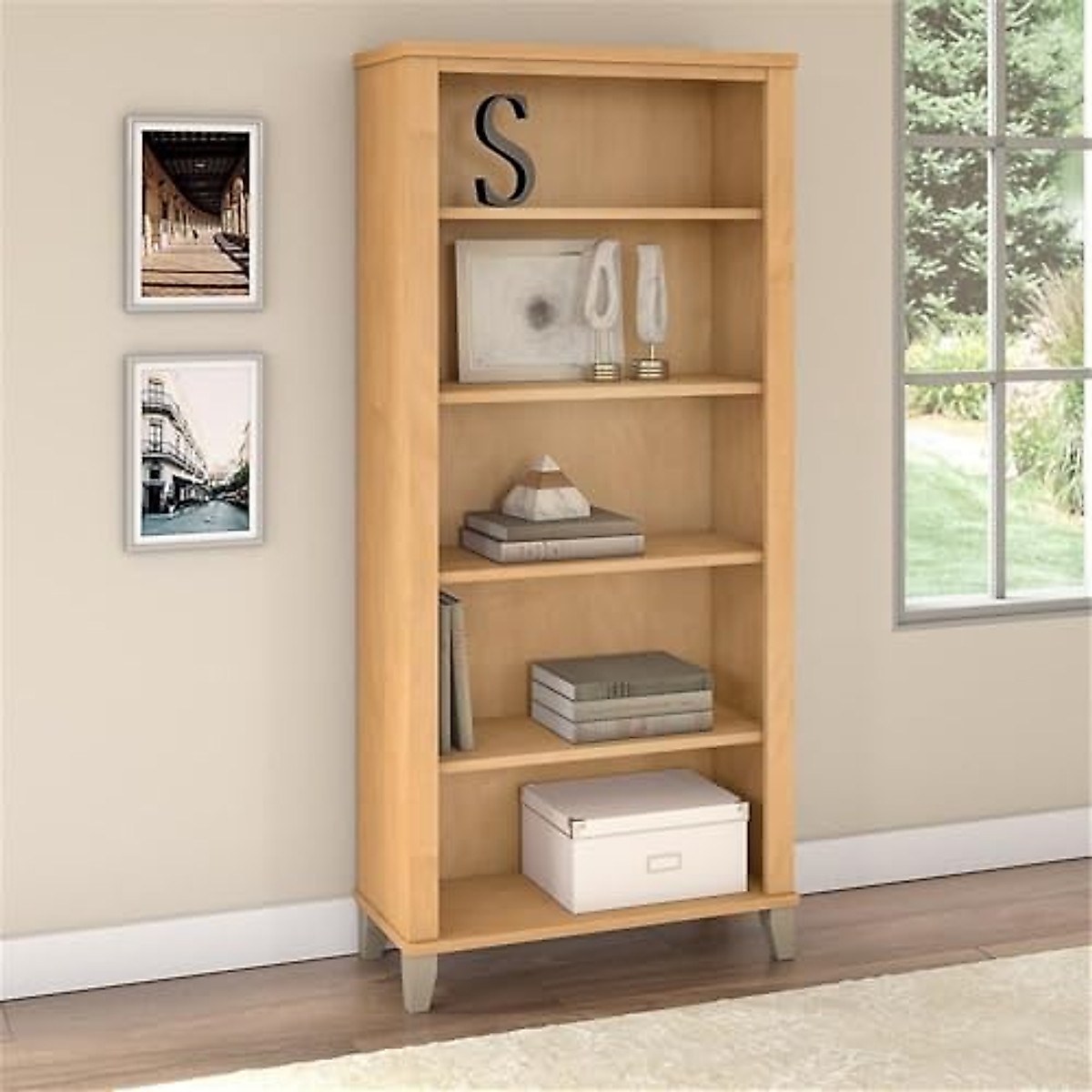 Bush Furniture WC81465 Bookcase, Bookshelf, Large Book Living Room, Home Office, or Entryway, Tall 5 Shelf, Maple Cross
