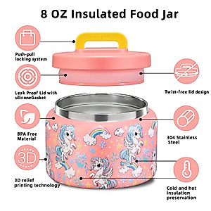 JXXM 8 Oz Thermos Food Jar for Hot & Cold Food for Kids, Insulated Lunch Containers Hot Food Jar,Leak-Proof Vacuum Stainless Steel Wide Mouth Lunch Soup Thermos for School,Travel (Pink)