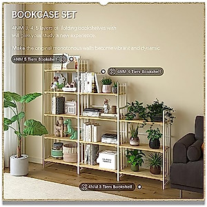 4NM No-Assembly 5 Tiers Folding Bookshelf Storage Shelves Vintage Bookcase Standing Racks Study Organizer Home Office - Natural and White