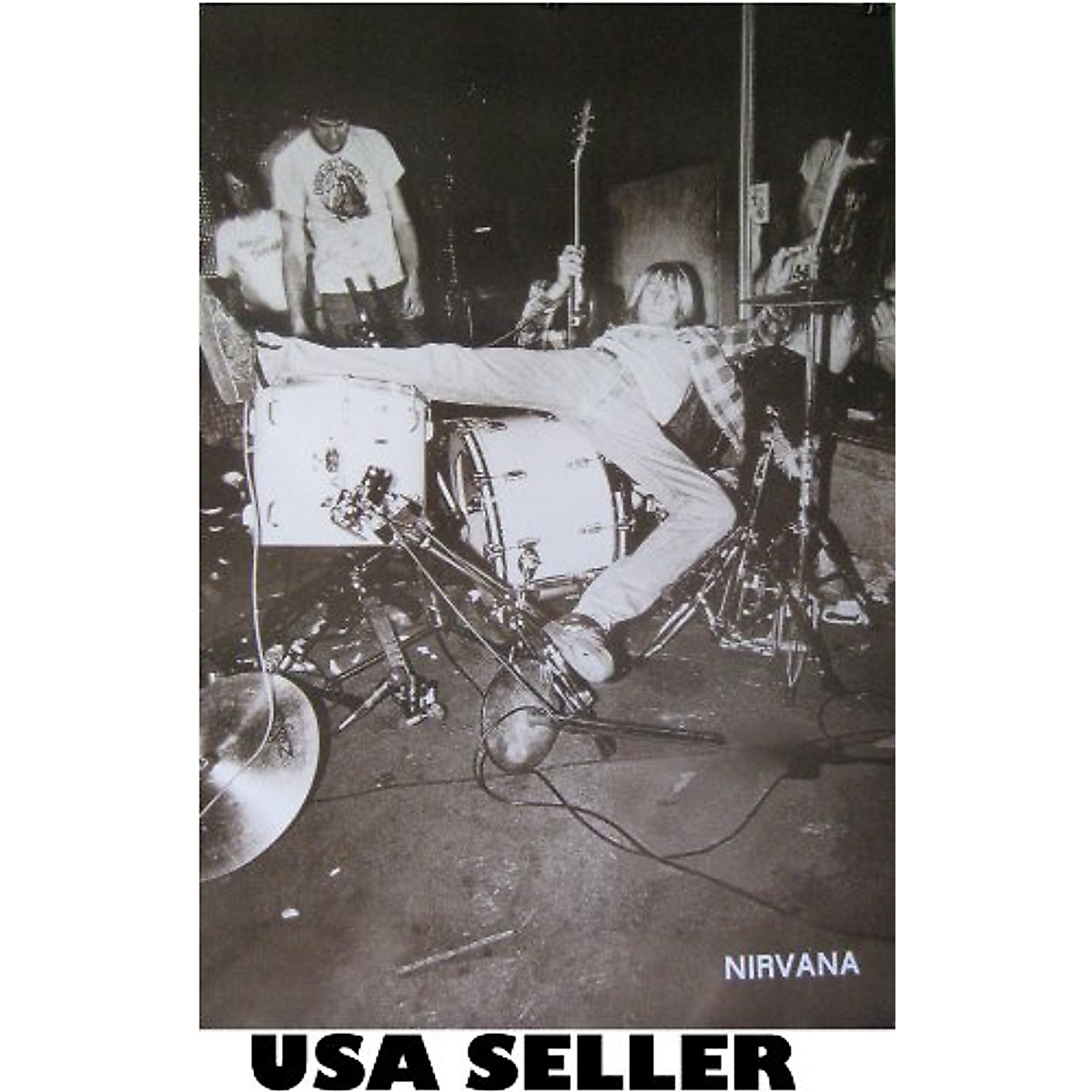 Nirvana Kurt Cobain Toppled on Drums 23.5 X 34 POSTER Black & White early Seattle grunge Bleach era (sent FROM USA in PVC pipe)