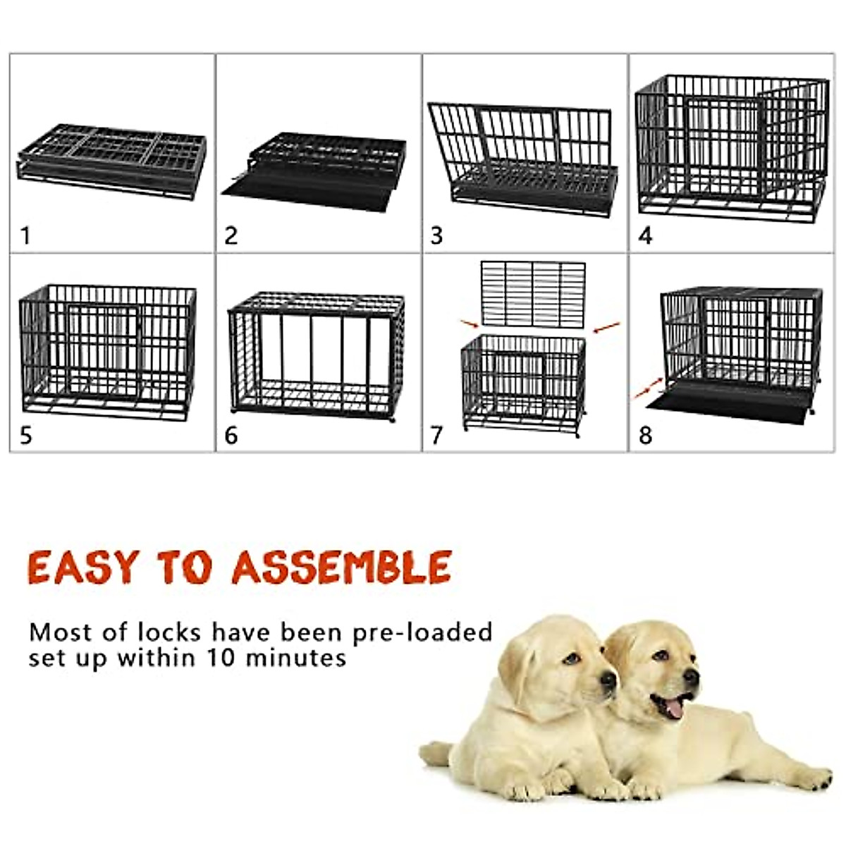 LEMBERI 48/38 inch Heavy Duty Indestructible Dog Crate, Escape Proof Dog Cage Kennel with Lockable Wheels,High Anxiety Double Door Dog Crate,Extra Large Crate Indoor for Large Dog with Removable Tray