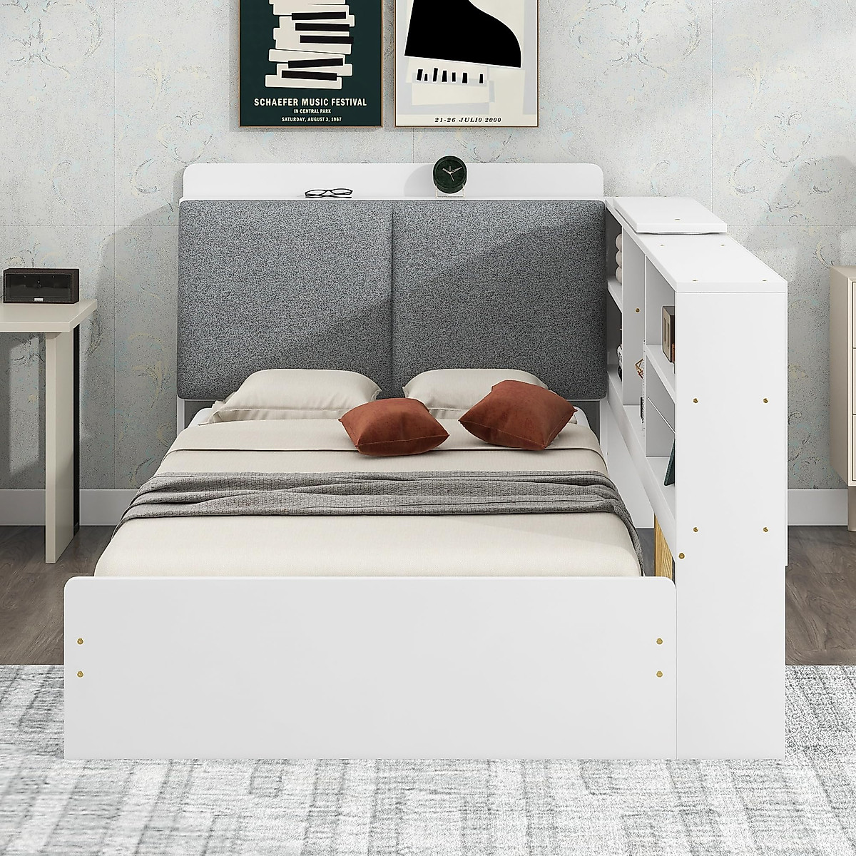 VilroCaz Twin Size Platform Bed with L-Shaped Storage Shelves and Upholstered Headboard, Solid Wood Daybed Frame with 2 Drawers and Rotatable Storage Board, Maximize Space (White-25)