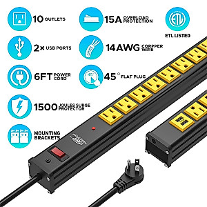CRST 10-Outlet Heavy Duty Power Strip Surge Protector Metal Power Bar with 2 USB with Long Cord