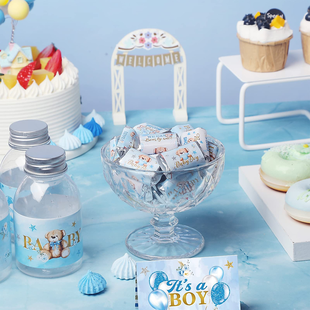 Baby Shower Candy Wrappers, Shower Mini Candy Bar Miniatures Wrappers Chocolate Bar Label Stickers for Boys Girls Kids Baby Shower Decor (No Candy)(Blue Bear, 90 Pieces)