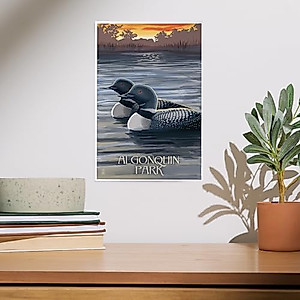 Lantern Press 8x12 Inch Art Print Wall Decor, Algonquin Park, Muskoka, Ontario, Loons and Lake at Sunset