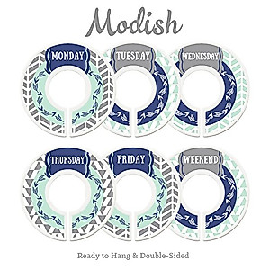 Modish Labels, Weekly Clothes Organizer, Days of The Week Closet Organizer System, Daily Closet Organizer, Closet Dividers, School Clothes Dividers (Navy Mint Arrows)