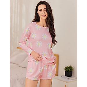 Ekouaer Women 2 Piece Waffle Set Long Sleeve Floral Knit Pullover Top and Knitted Shorts Suit Spring Outfits Pink Daisy Flower