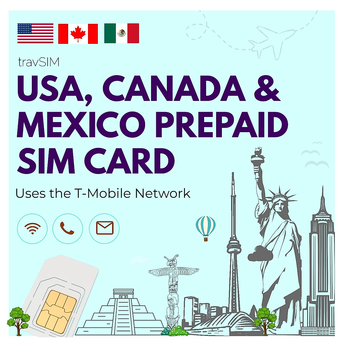 travSIM North America SIM Card| T-Mobile Network | 50GB Data for The USA, 5GB for Canada & Mexico | Unlimited National Calls & Texts | Valid for 7 Days