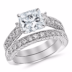 14K White Gold 2 Carat LAB GROWN 3 Stone Vintage With Milgrain & Filigree Bridal Set with Wedding Band & Princess Cut Engagement Ring (E-F Color VS2-SI1 Clarity 1 Ct Center)