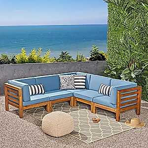 Great Deal Furniture Dawson Outdoor V-Shaped Sectional Sofa Set - 5-Seater - Acacia Wood - Outdoor Cushions - Teak and Blue