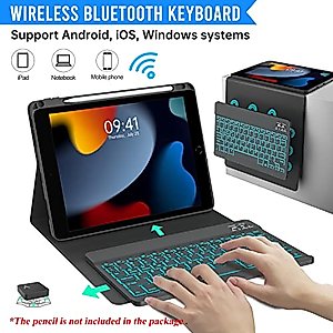 BLUTLOTUS iPad 9th Generation Case with Keyboard 10.2 Inch - 360° Rotatable - 7 Color Backlit - Detachable - Wireless Magnetic 7th/8th Keyboard Case