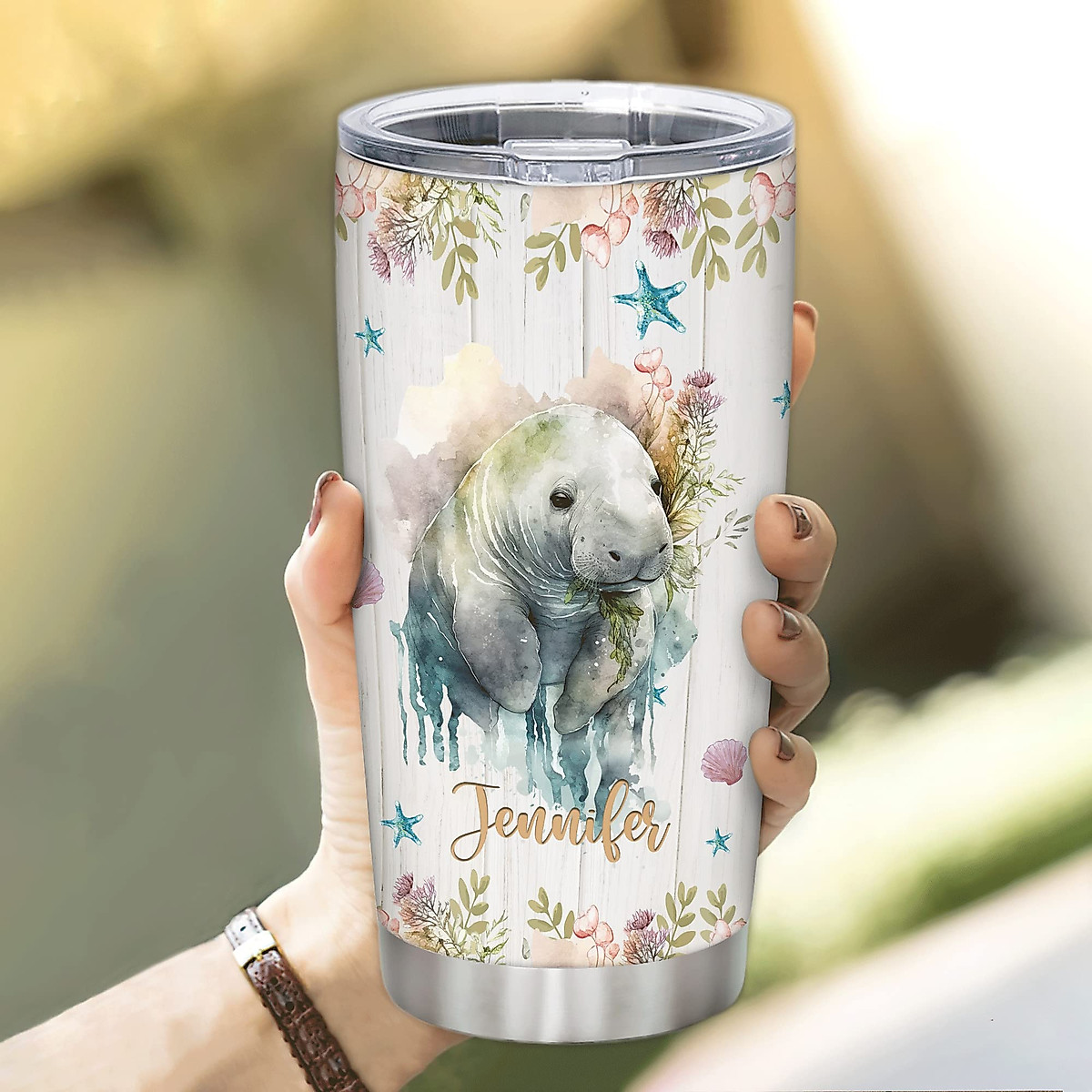 Hyturtle Personalized Gifts For Manatee Lover - Just A Girl Who Loves Manatees Custom Name Stainless Steel Tumbler 20oz With Lid - Idea Ocean Animal Lover Gifts For Women Girl On Birthday, Christmas