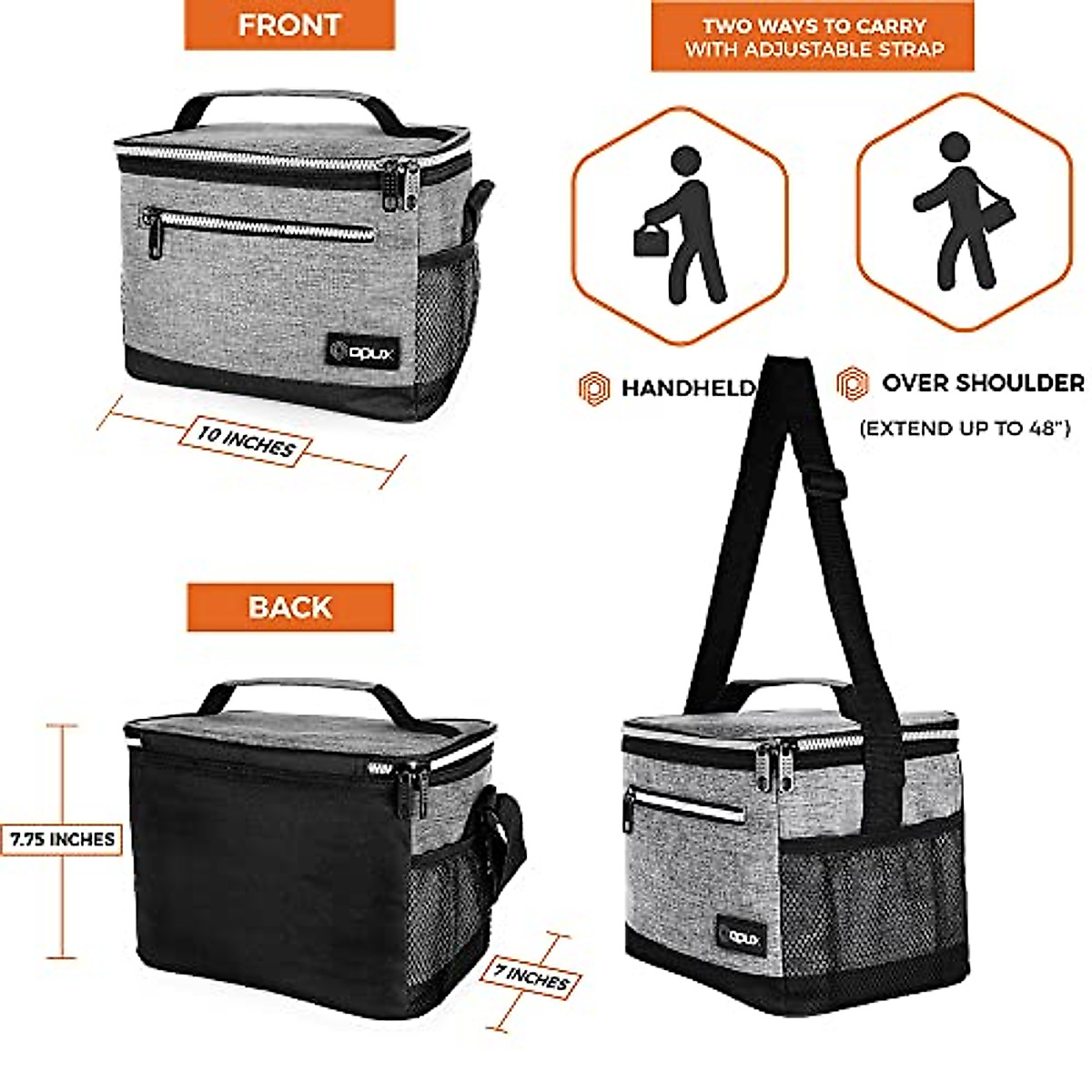 opux Insulated Lunch Box Men Women, Lunch Bag for Work School, Leakproof Soft Cooler Tote Adult, Large Lunch Pail Kids Boys Girls, Picnic Beach Food Bag with Shoulder Strap, Heather Grey