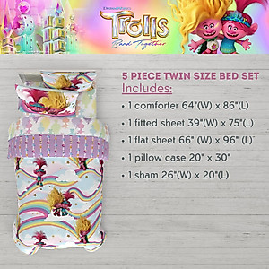 Franco DreamWorks Trolls 3 Band Together Kids 5 Piece Bedding Super Soft Reversible Comforter and Sheet Set with Sham, Twin, (Officially Licensed Product)