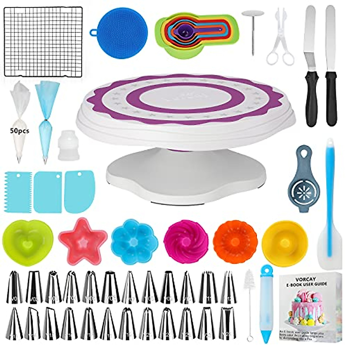 VORCAY 100 Pcs Cake Decorating Kits Supplies - Newest Cake Turntable with Roller Smoothly and Even In Rotation Helps Decorate Cake Easily And Beautiful for Birthday Wedding