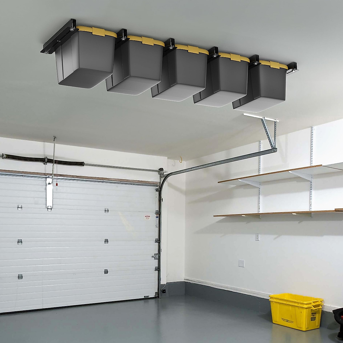 WALMANN Overhead Tote Storage Rail System, Heavy Duty Garage 16" Joists Ceiling Bin Storage Rack Adjustable Tote Slide Garage Storage System(for 5 Bins, Bins Are Not Included)