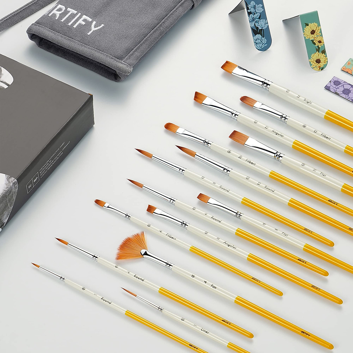 ARTIFY Sunflower 15 Pieces Paint Brush Set, Expert Series, Enhanced Synthetic Brush Set with Canvas Roll and Special Bookmarks for Acrylic, Oil, Watercolor and Gouache - Yellow