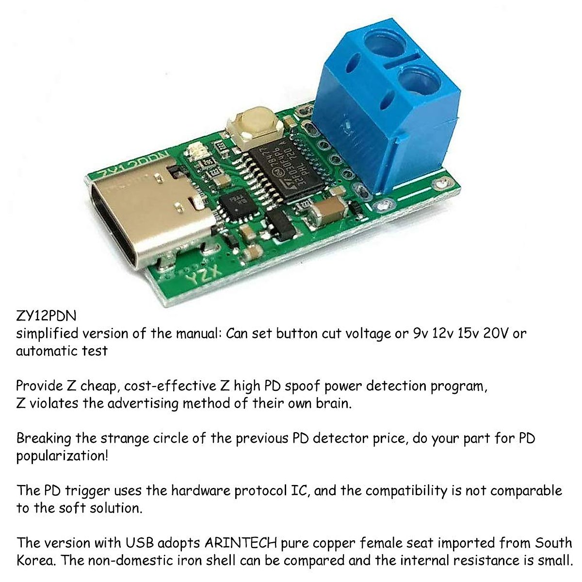 Acxico 1Pcs Type-C USB-C PD2.0 3.0 to DC USB Decoy Fast Charge Trigger Poll Detector Charging Module (ZY12PDN with Screw Terminal)