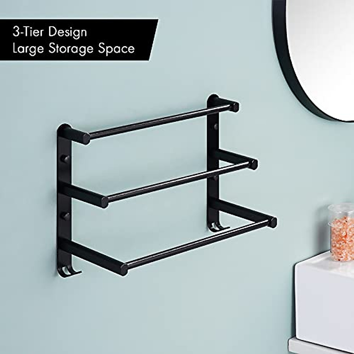KES 3-Tier Black Towel Bar 16 Inch Bathroom Towel Rack Towel Holder Rustproof Towel Hanger Slipper Rack with 2 Hooks Wall Mount, BTH400S40DG-BK