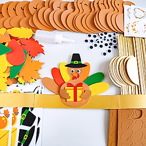 Winlyn 24 Sets Thanksgiving Turkey Headbands Fall Thanksgiving Craft Kits DIY Turkey Hats with Fall Leaf Pumpkin Turkey Feather Foam Stickers Googly Eyes Art Sets for Kids Party Classroom Activities