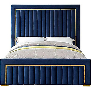 Meridian Furniture DolceNavy-K Dolce Collection Modern | Contemporary Velvet Upholstered Bed with Luxurious Channel Tufting and Gold Metal Trim/Legs, 89" W x 88" D x 63.5" H, King, Navy