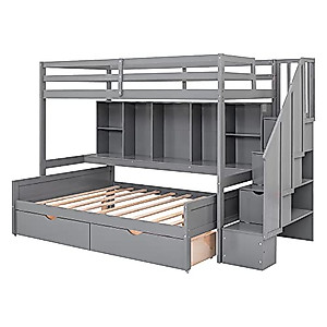 DEYOBED Twin Over Full Wooden Bunk Bed with Storage Shelves Drawers and Staircase for Kids Teens Adults