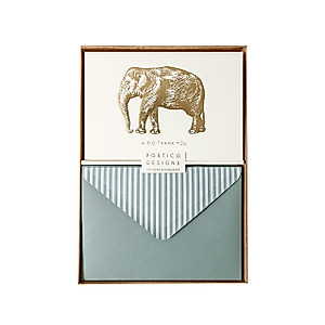 Portico Designs Gold Foiled Elephant Boxed Thank You Notecard Set of 10 with matching envelopes, Off White, Card size 14.8x10.5 cm