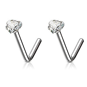 Forbidden Body Jewelry 2 Pack Heart Nose Ring, Heart Nose Stud, L Nose Rings, Heart Nose Rings, 18g 6mm Surgical Steel L Shaped Nose Ring with 3mm Heart CZ Crystal