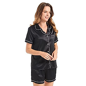JULGIRL Women's Silk Satin Pajamas Short Sleeve Shorts Loungewear Two-Piece Button-Down Pj Set (X-Large, Black)