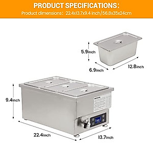 SWOTCATER 110V 3-Pan Commercial Food Warmer with Digital Display Temp, 6 inch Deep 2000W Electric Steam Table, Stainless Steel Buffet Bain Marie 16 Quart Capacity for Catering and Restaurants
