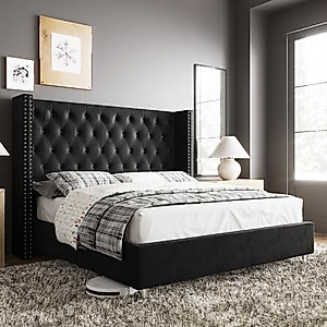 Jocisland King Bed Frame Upholstered Bed Wingback Headboard Velvet Tufted Diamond Button/No Box Spring Needed/Easy Assembly/Black