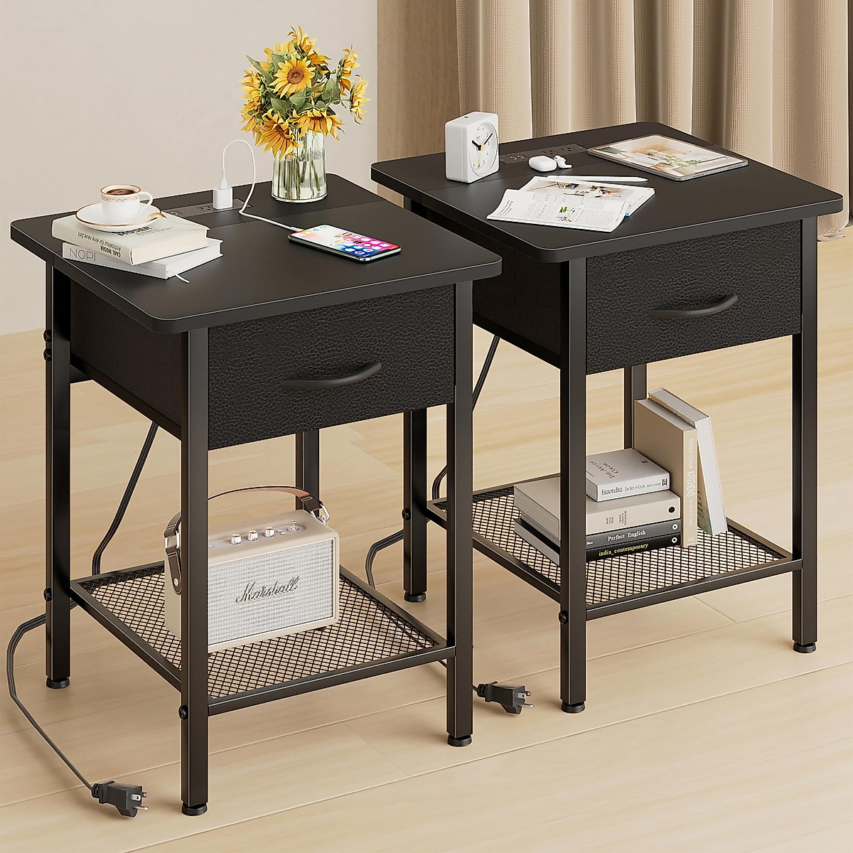 GYIIYUO Nightstands Set of 2 with Charging Station and Fabric Storage Drawer,16.5" x 15.8" Side Table with Storage for Bedroom, Bedside Tables with Steel Fram, Black