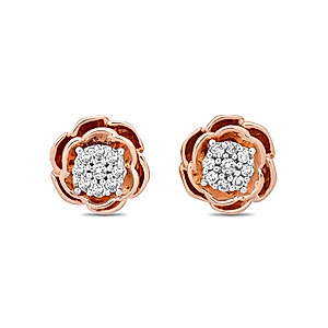 Jewelili Enchanted Disney Fine Jewelry 14K Rose Gold over Sterling Silver 1/5 Cttw Diamond Belle Rose Stud Earrings