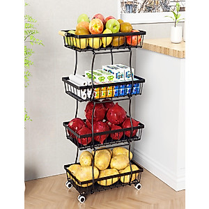 OKZEST Fruit Basket, 4-Tier Small Kitchen Organizer and Storage Cart on Wheels, Rolling Pantry Snack Cart with Handle for Storing Fruit, Potato, Onion, Snacks, Vegetables, Bread, Produce