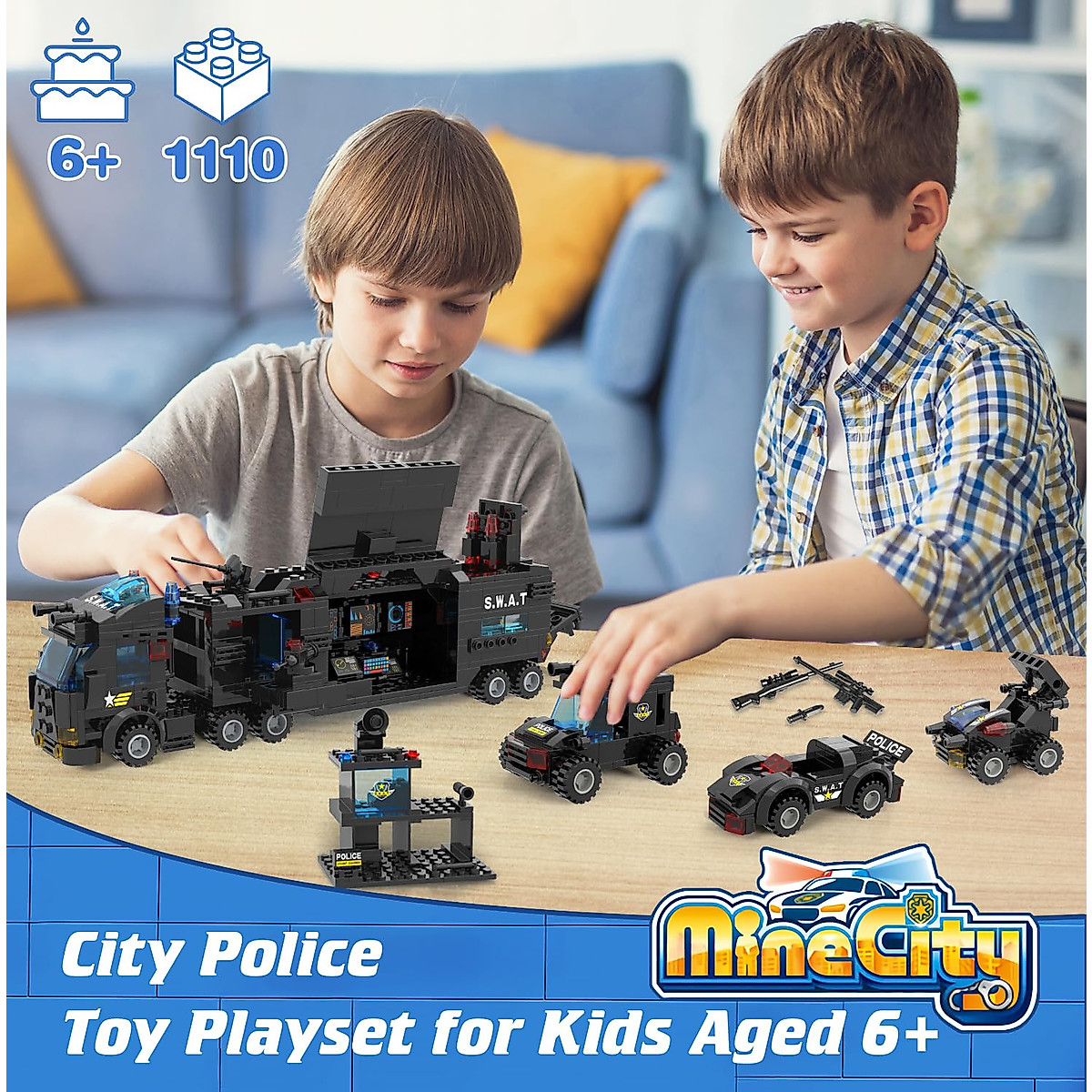 WishaLife 1100 Pieces City Police Station Building Kit, SWAT Mobile Command Center Truck Building Toy with Police Car, Airplane, Boat, Fun Roleplay Police Toys Gift for Boys Girls Aged 6-12