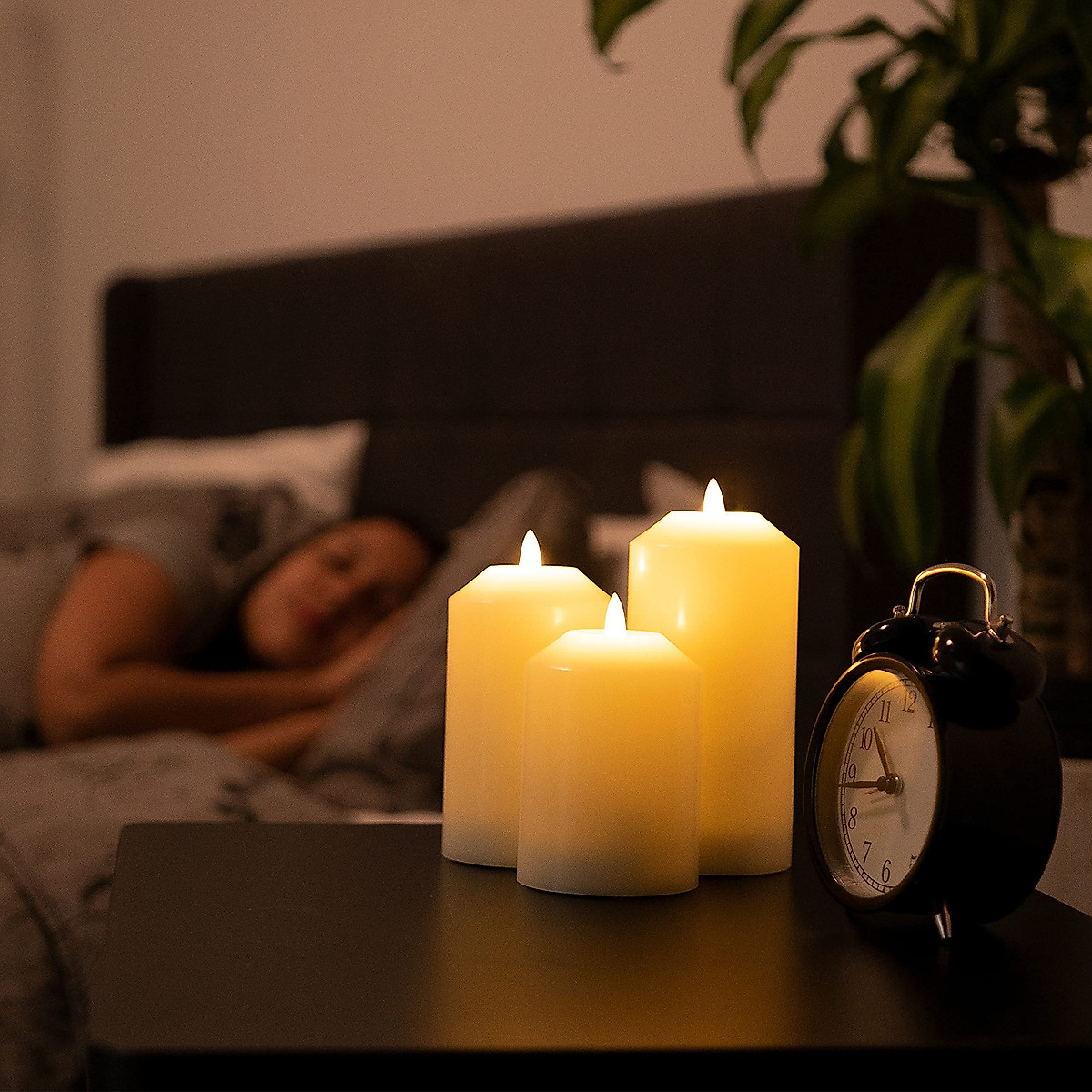 Battery Operated Night Light Candles with Light Sensor. Set of 3 Flameless White Wax Flickering Electric Candles. Dusk to Dawn Night Light. Great for Bathroom, Kids Bedroom or Living Room