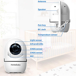 HelloBaby Video Baby Monitor with Remote Camera Pan-Tilt-Zoom, 3.2'' Color LCD Screen, Infrared Night Vision, Temperature Display, Lullaby, Two Way Audio