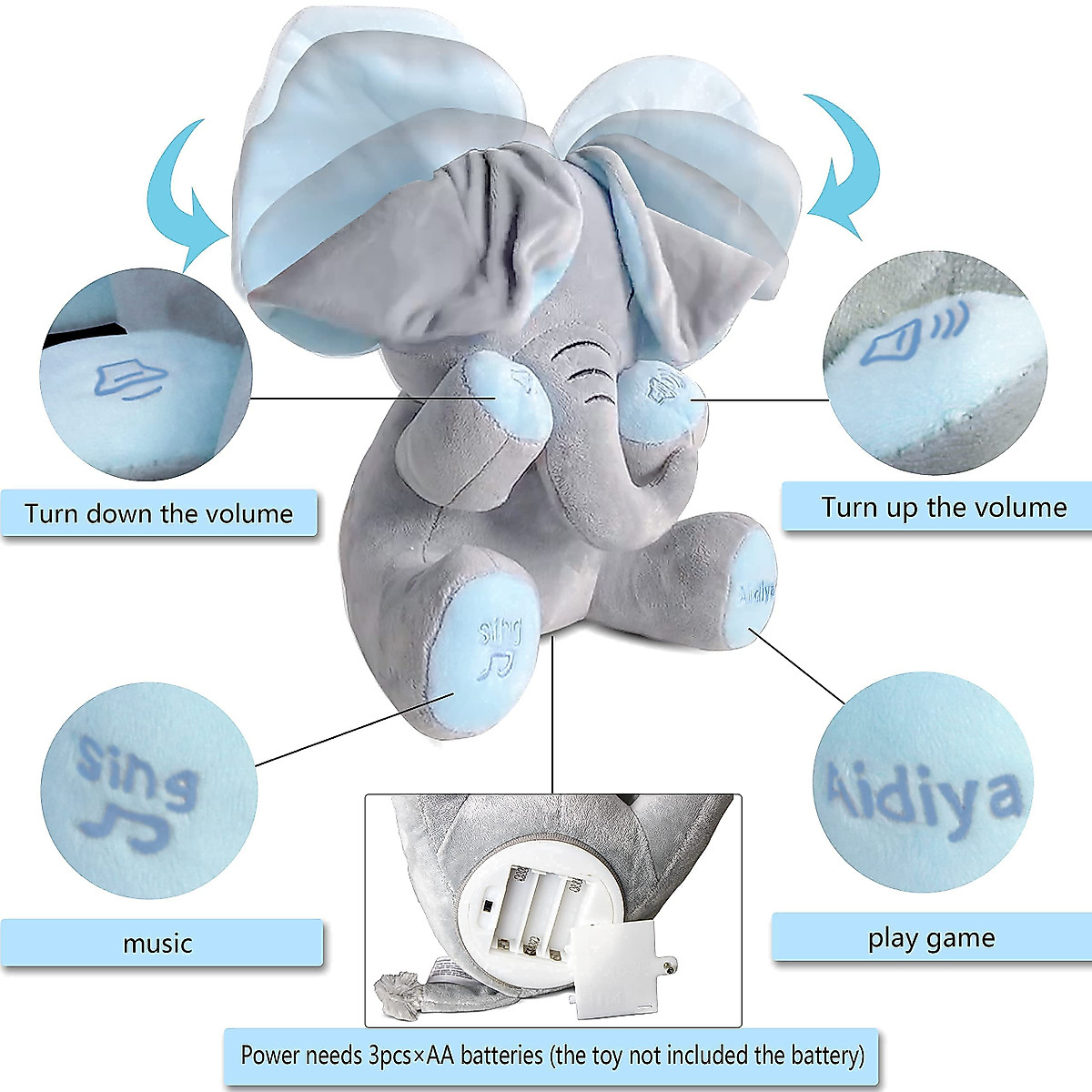 Aidiya Elephant Stuffed Animals Baby Gifts Peluches Ear Interactive Elephant Talking Singing Plush Toys for Girls Boys Gift Adjustable Volume 11.8" Set (Blue)