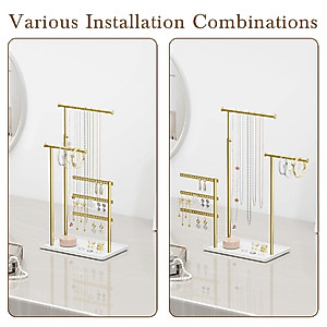 susswiff Jewelry Holder Organizer Stand - Adjustable Tall 17.5" (Max), Sturdy Jewelry Hanger for Necklaces, Earrings, Bracelets, Rings, Jewlery Display and Storage, Gold and White, Metal