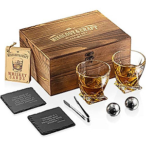 Mixology Glass & Whiskey Stones Set – Two 10oz Glasses w/ 2 Stainless Steel Balls Wooden Box - Bourbon Gifts for Men, Dad, Husband, Boyfriend, Groomsmen, Birthday Ideas﻿