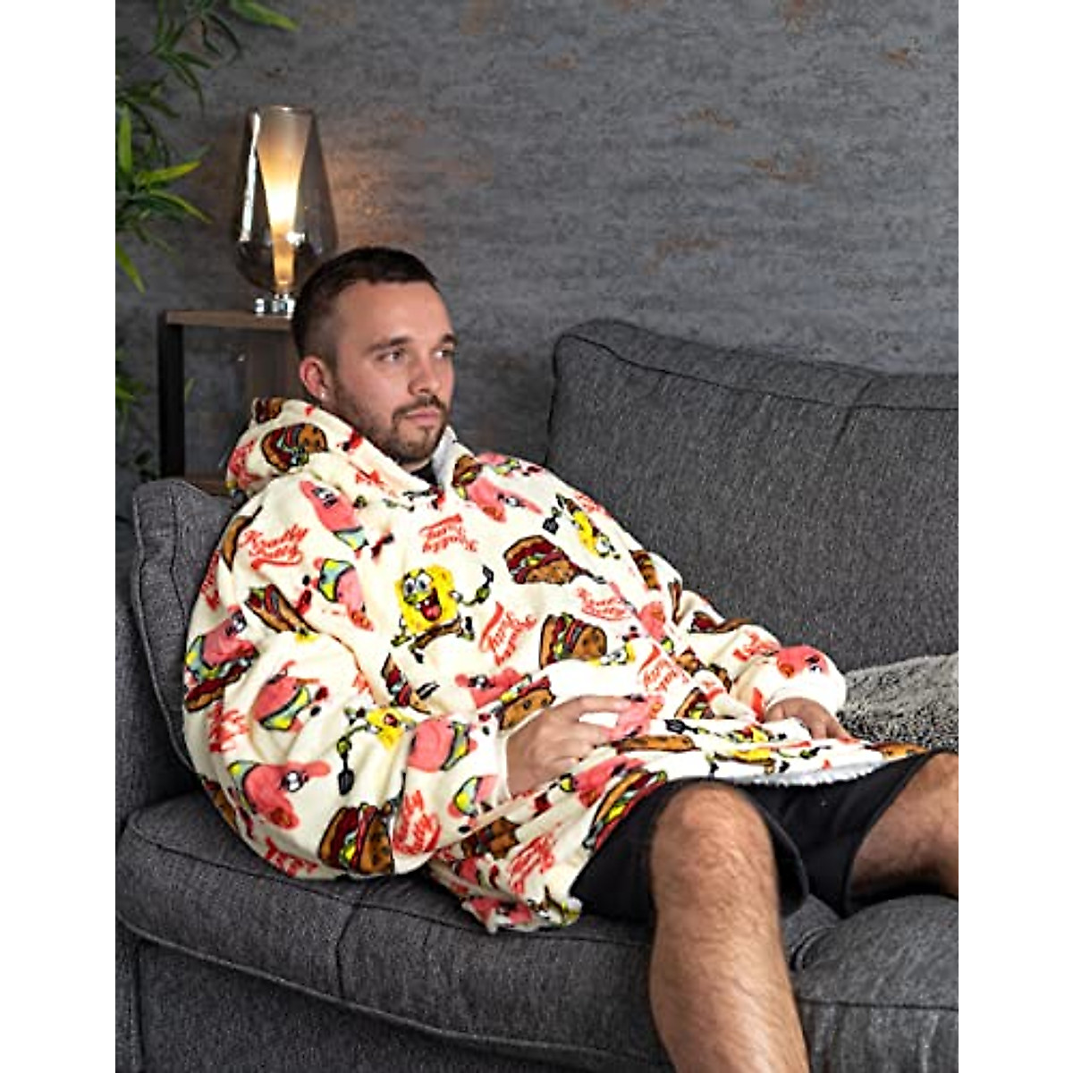 SpongeBob SquarePants Oversized Blanket Hoodie Adults Mens Sherpa Fleece One Size Cream
