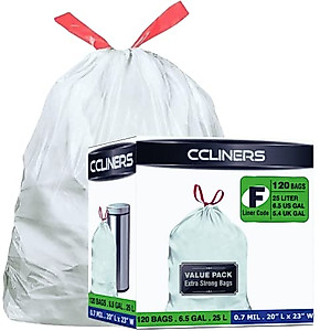 4-7 Gallon Trash Bags Code F Code E Can Liners (120 Count) CCLINERS 20-25 Liter Drawstring Garbage bags Bathroom Wastebasket Can Liners for 4 Gal, 5 Gal, 6 Gal & 7 Gal Bins (120 Bags)