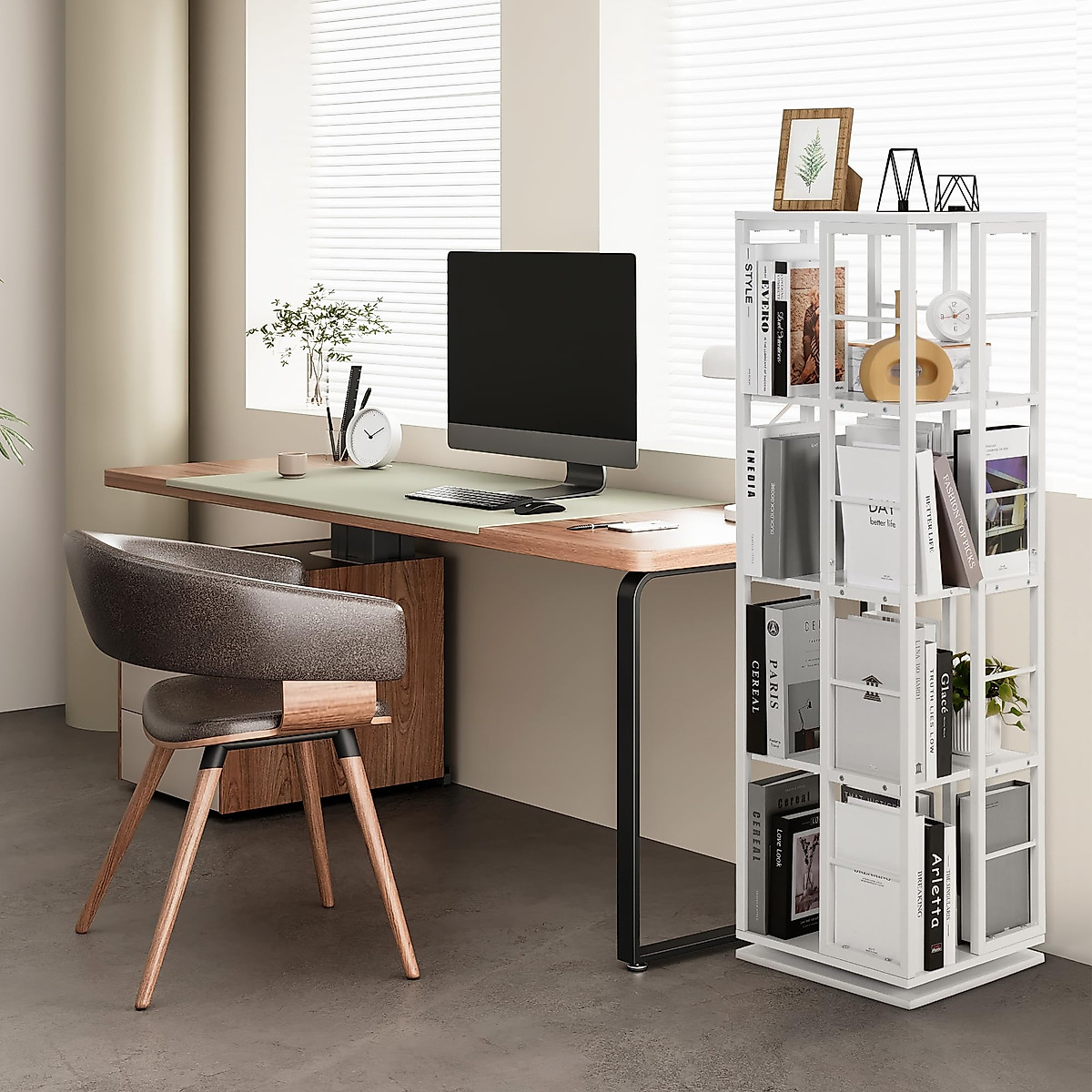 Rengue Rotating Bookshelf, 4-Tier 360 Revolving Bookcase Spinning Bookshelf Square Corner Bookshelf Organizer Storage Rack for Small Space,Bedroom, Study Room, White