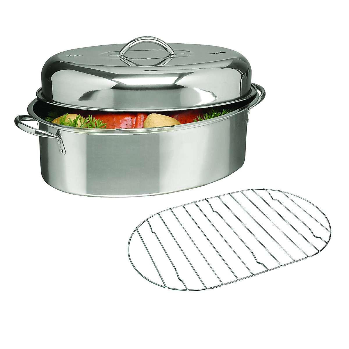 Gibson Home Stainless Steel Top Roast 16-Inch Oval Roaster Pan with Lid and Rack