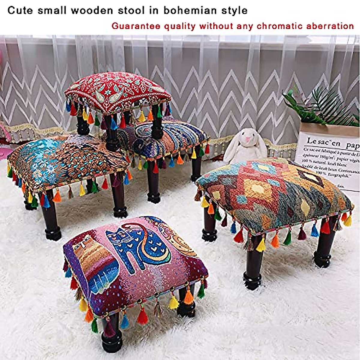 SoOSSN Small Foot Stool,Colorful Tassel Footrest for Couch,Beautiful Linen Fabric Footstool Kids Shoe Changing Stool (Color : A, Size : 14x14x12inch)