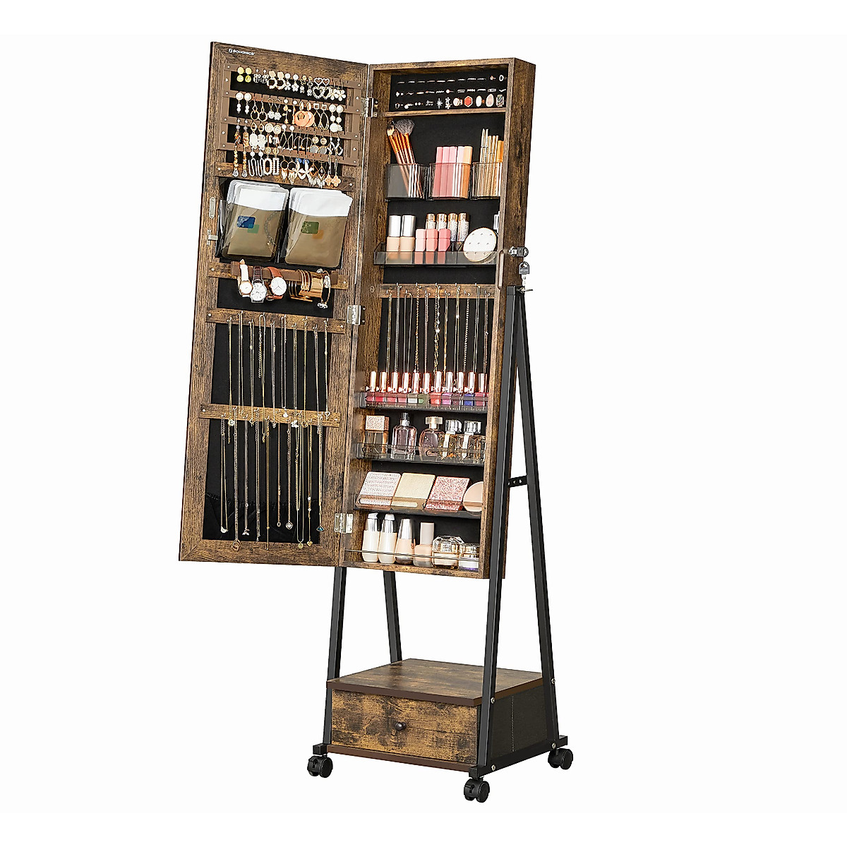 SONGMICS Jewelry Cabinet Floor Standing, Lockable Jewelry Organizer with High Full-Length Mirror, Bottom Drawer, Shelf, Wheels, Jewelry Armoire, Gift Idea, Rustic Brown and Black UJJC004X01
