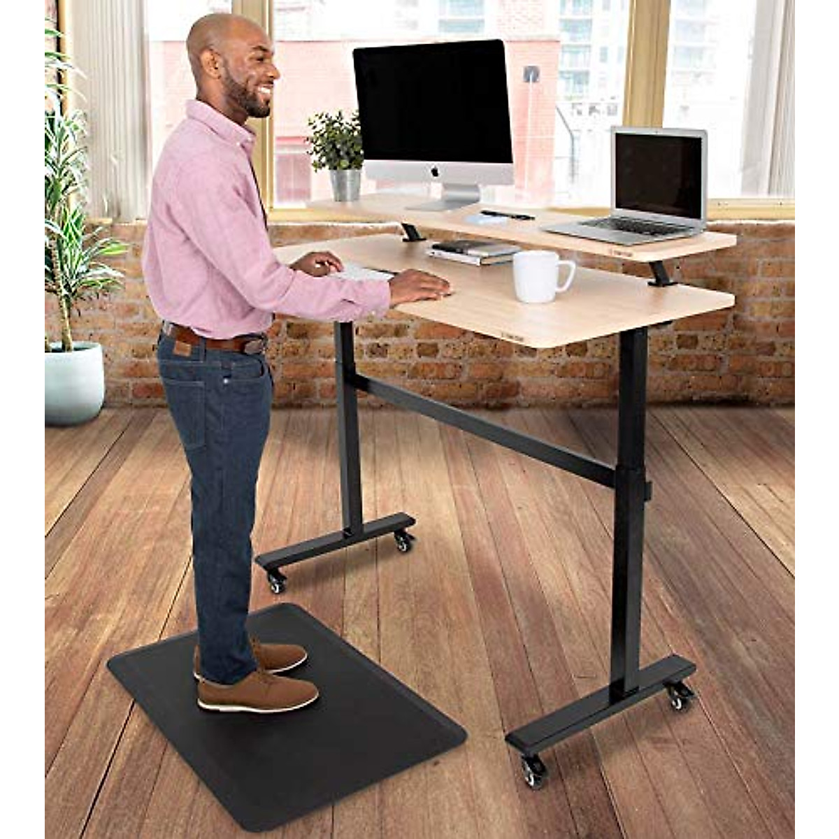 Stand Steady Tranzendesk | 55 Inch Standing Desk with Clamp On Shelf & Detachable Wheels | Crank Height Adjustable Sit to Stand Workstation | Monitor Riser Supports 3 Screens (55 in / Maple)
